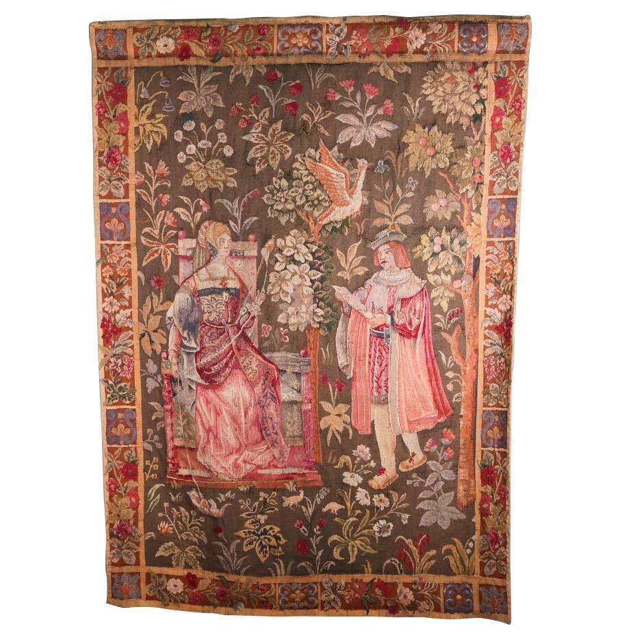Antique Flemish Tapestry with Court Scene with Queen, Bird and Floral ...