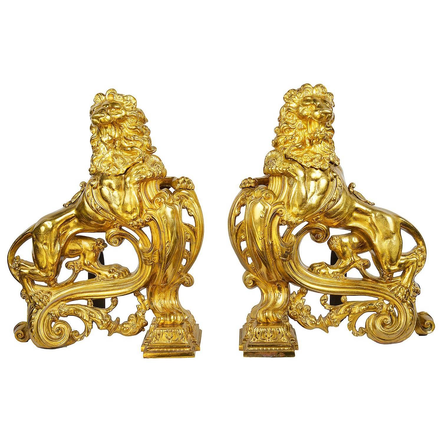Pair of 19th Century Lion Fire Dogs or Chenets For Sale at 1stDibs