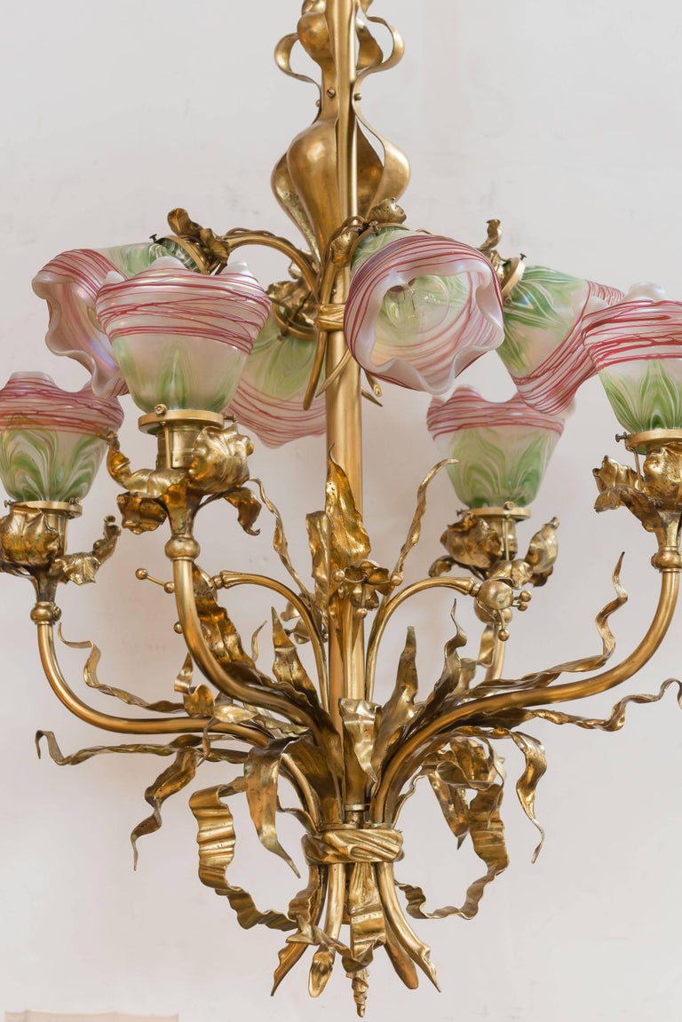 Eight-Arm Art Nouveau Chandelier with Handblown Period Art Glass Shades ...