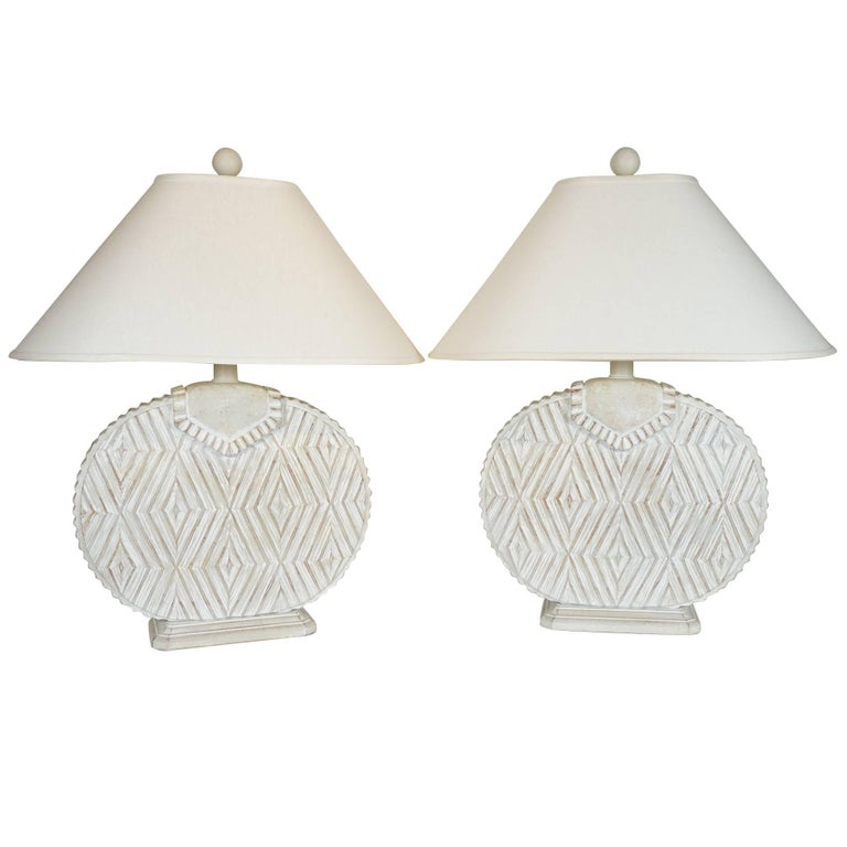 Pair of Ceramic Lamps with Aztec Detail at 1stDibs