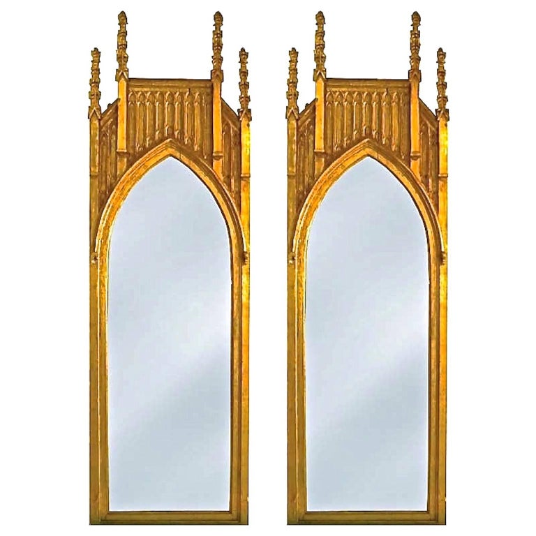 Pair of English Gothic Architectural Giltwood Mirrors ~9 feet tall For ...