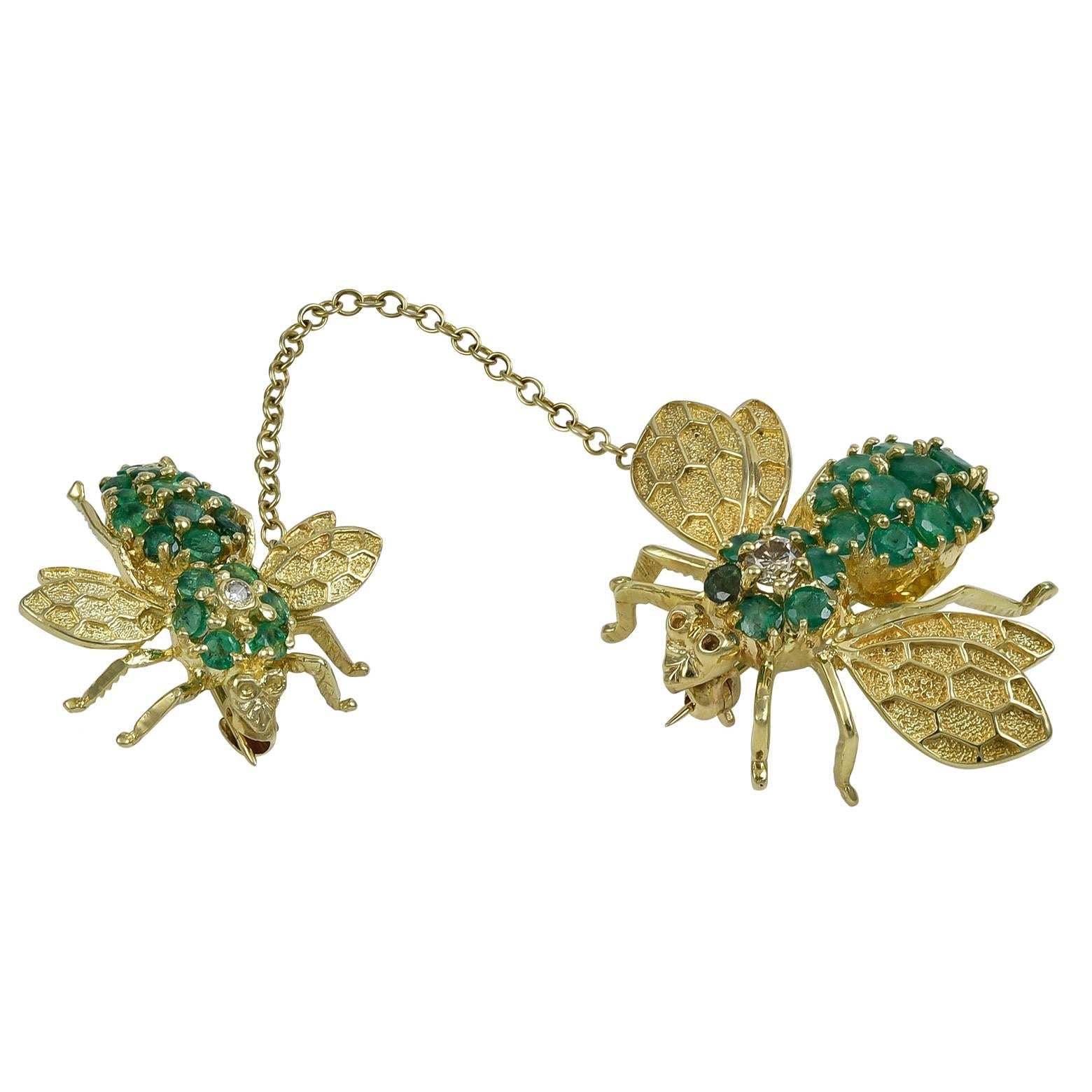 Mother and Baby Emerald, Diamond and Gold Bee Pins at 1stDibs