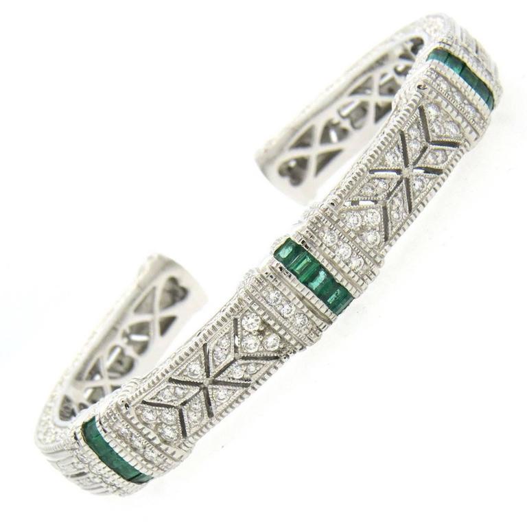 Judith Ripka Emerald Diamond Gold Cuff Bracelet at 1stDibs
