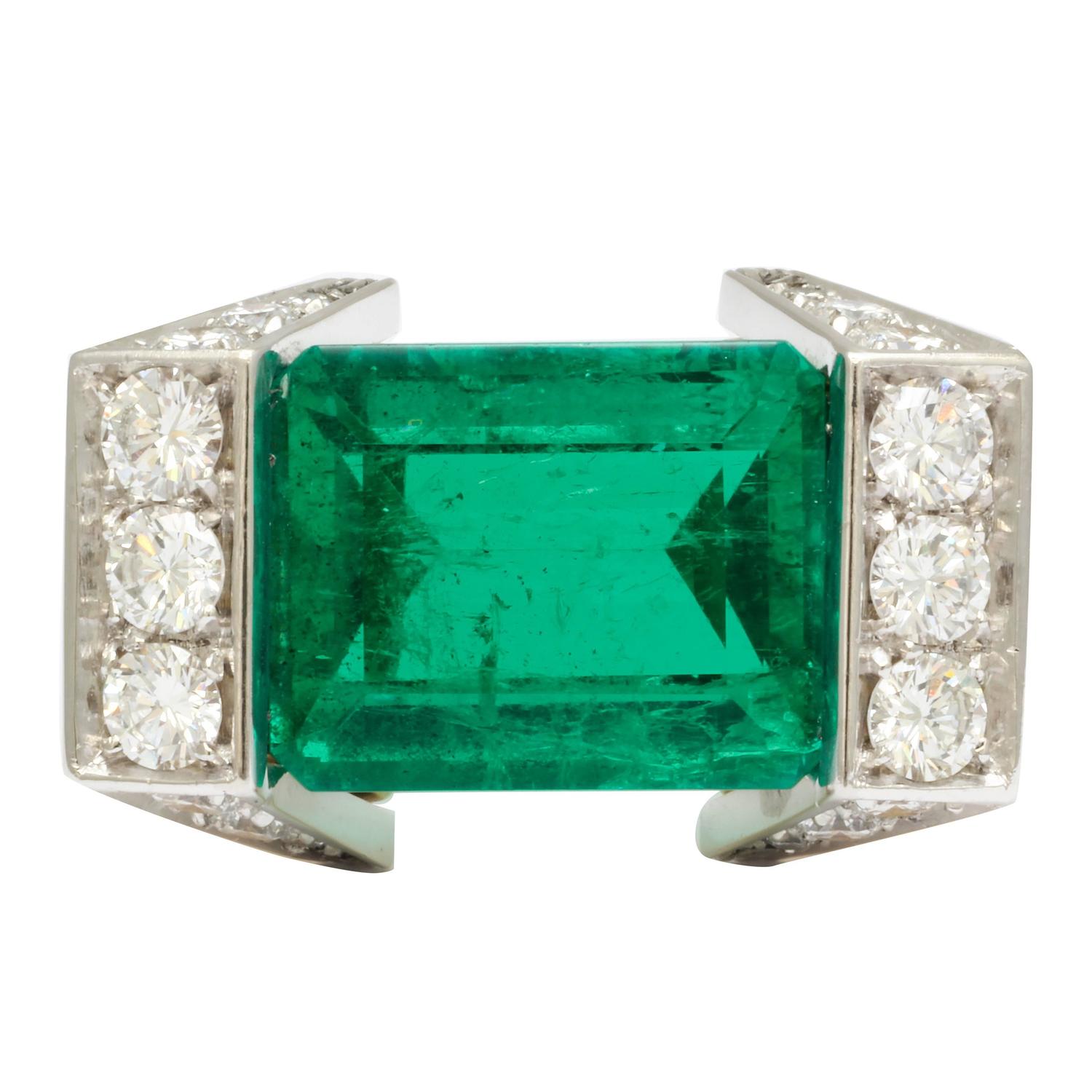 Rectangular Cut Emerald Diamond Gold Platinum Geometric Ring For Sale ...
