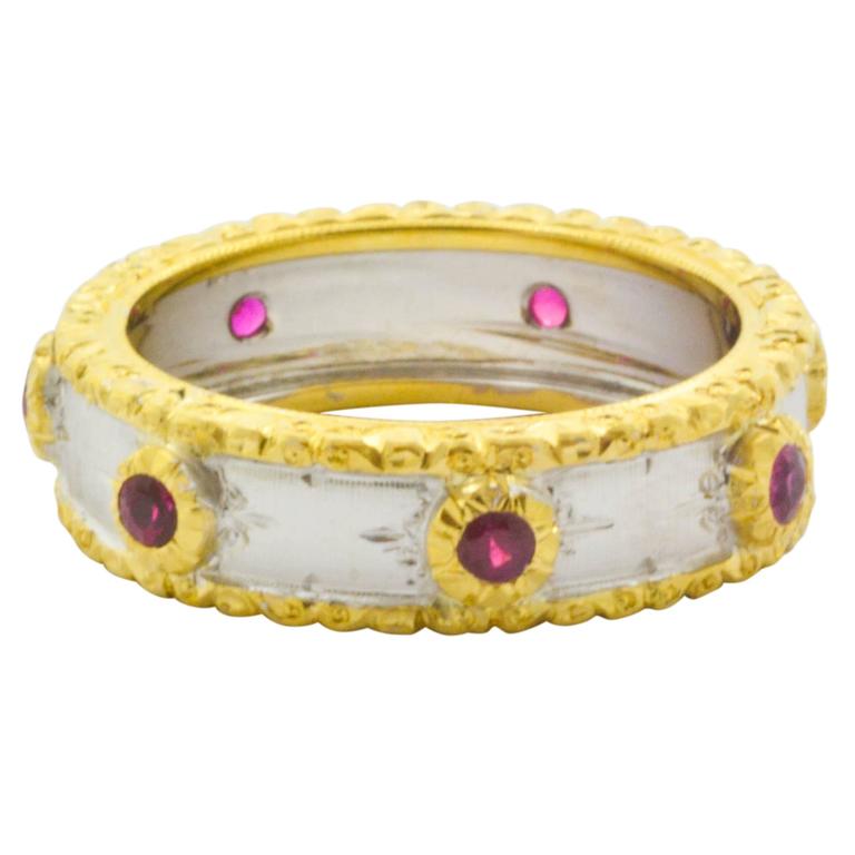 Italian Designed Ruby Two Color Gold Bezel Set Ring, Hand Engraved ...