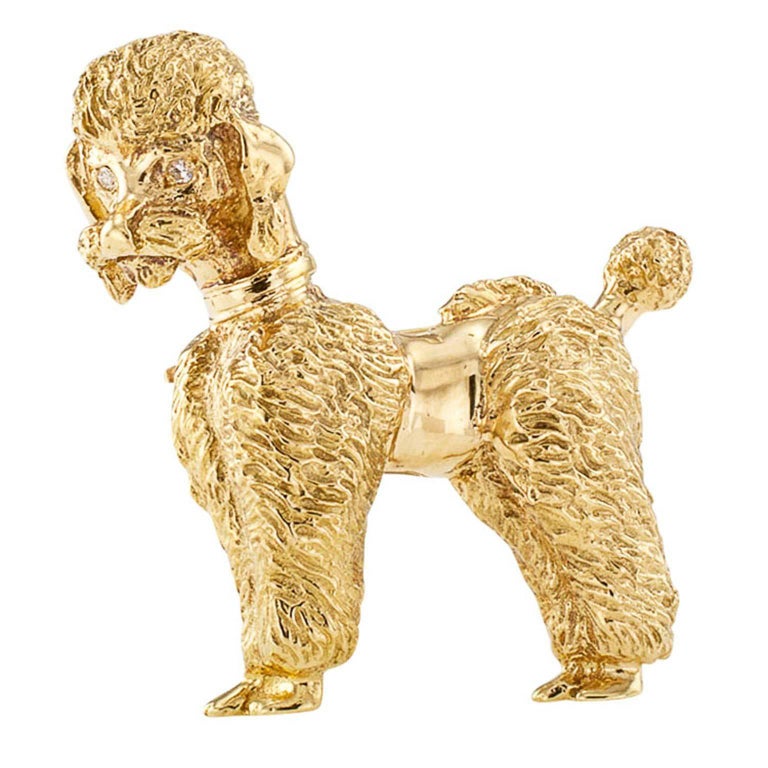 1950s Yellow Gold Poodle Brooch with Diamond Eyes For Sale at 1stDibs
