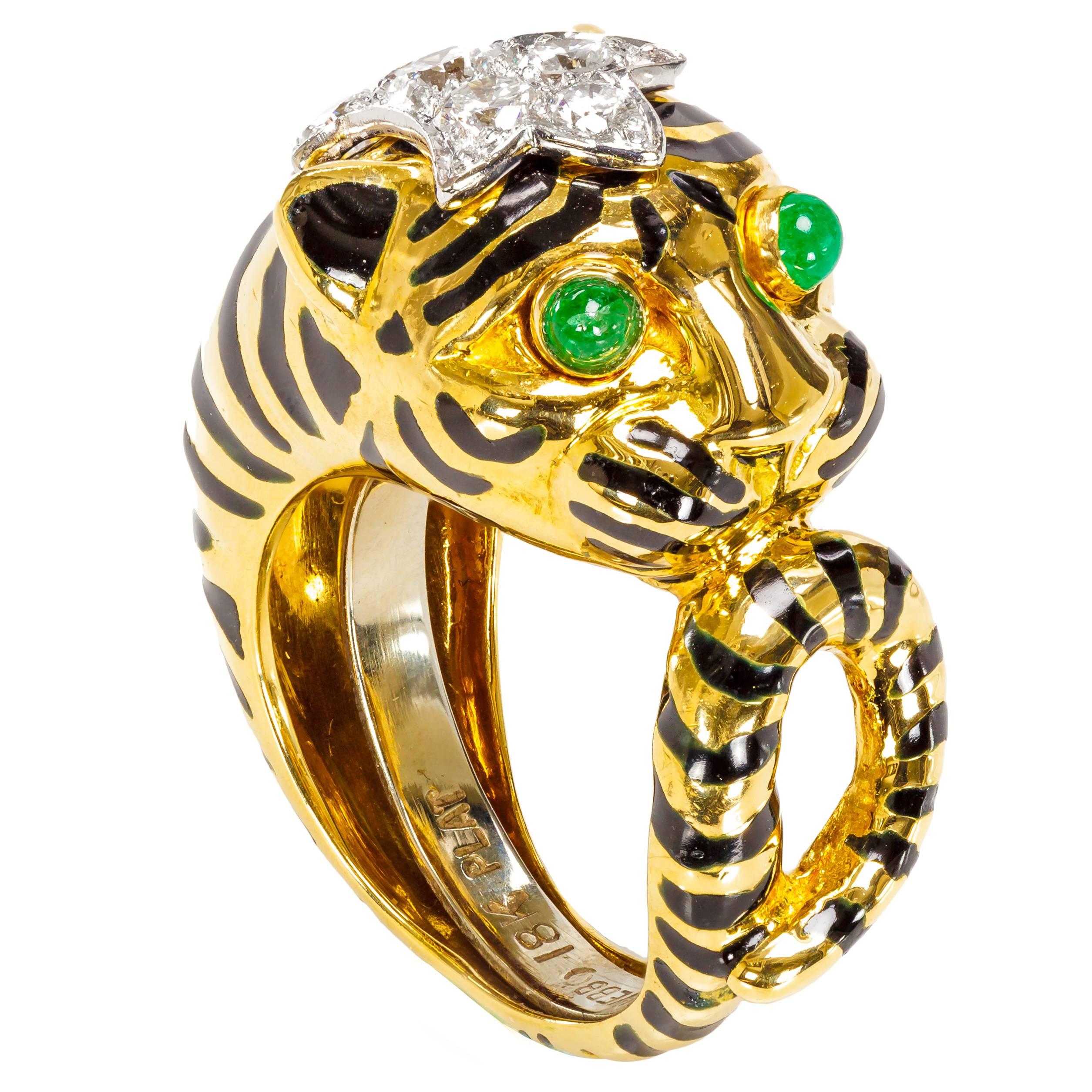 David Webb Emerald Diamond Gold Platinum Tiger Ring at 1stDibs