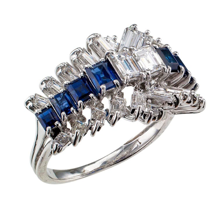 Emerald-cut Diamond and Sapphire Ring For Sale at 1stDibs