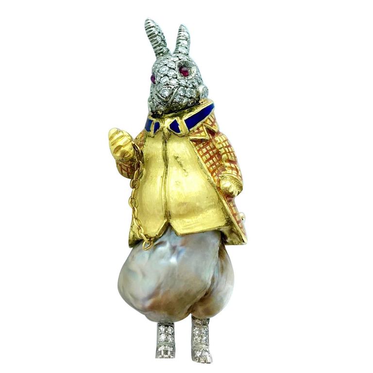 Unique Diamond Gold Platinum Enameled White Rabbit Brooch For Sale at ...