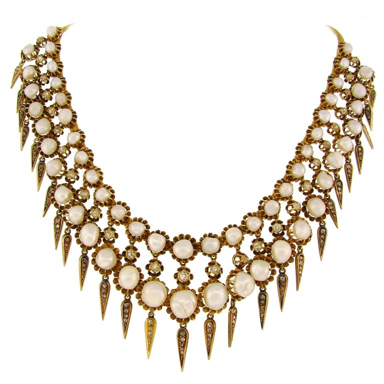 Victorian Natural Pearl Diamond Gold Necklace For Sale at 1stDibs