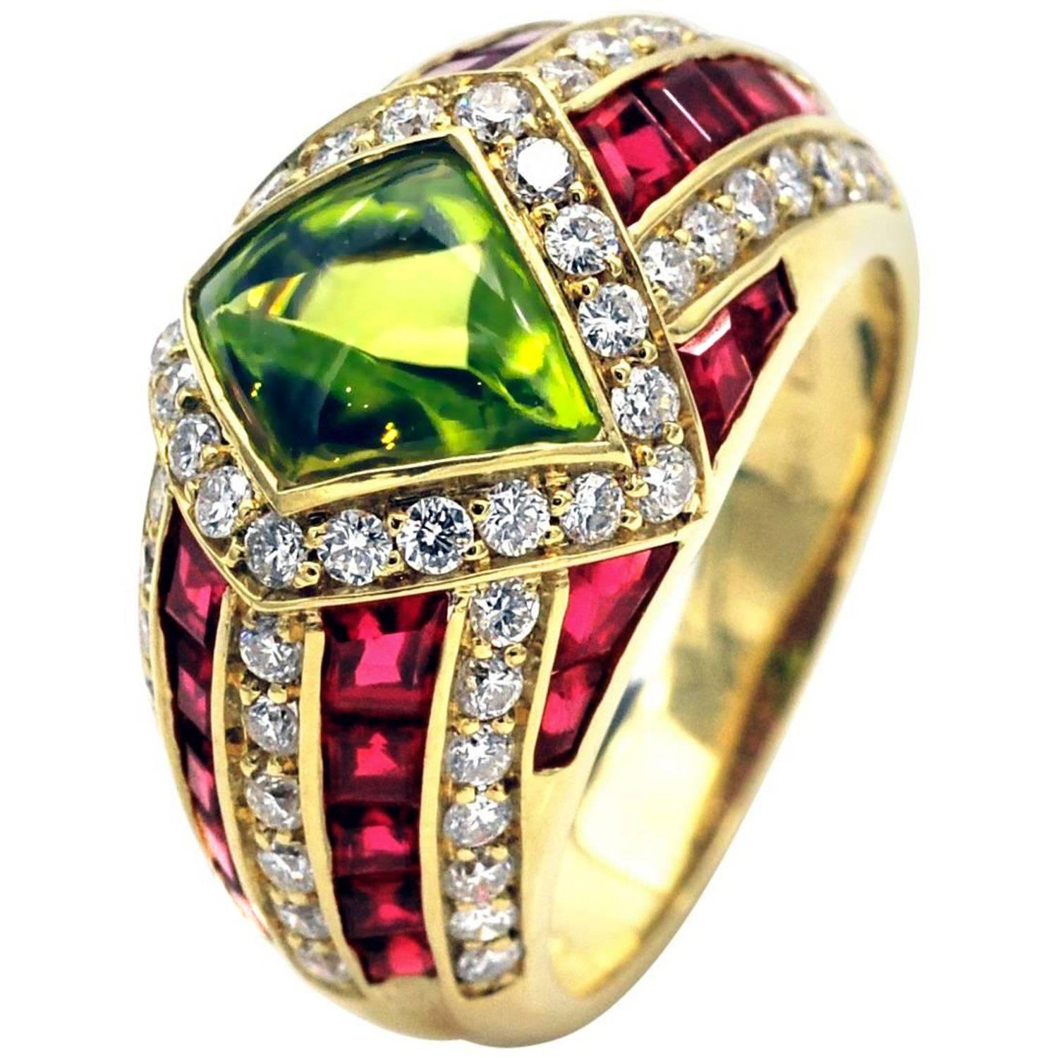Peridot Ruby and Diamond Gold Ring at 1stDibs | peridot and ruby ring, ruby and peridot ring ...