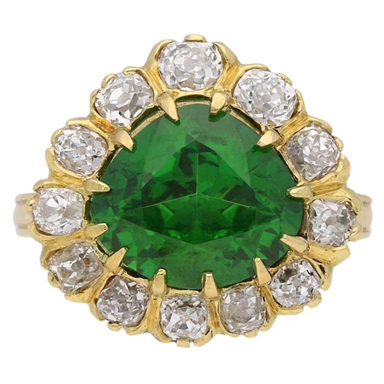 Natural Unenhanced Demantoid and Diamond Cluster Ring in Yellow Gold ...