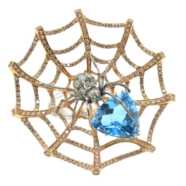 Spider in Web Diamond and Blue Topaz Cocktail Ring at 1stDibs
