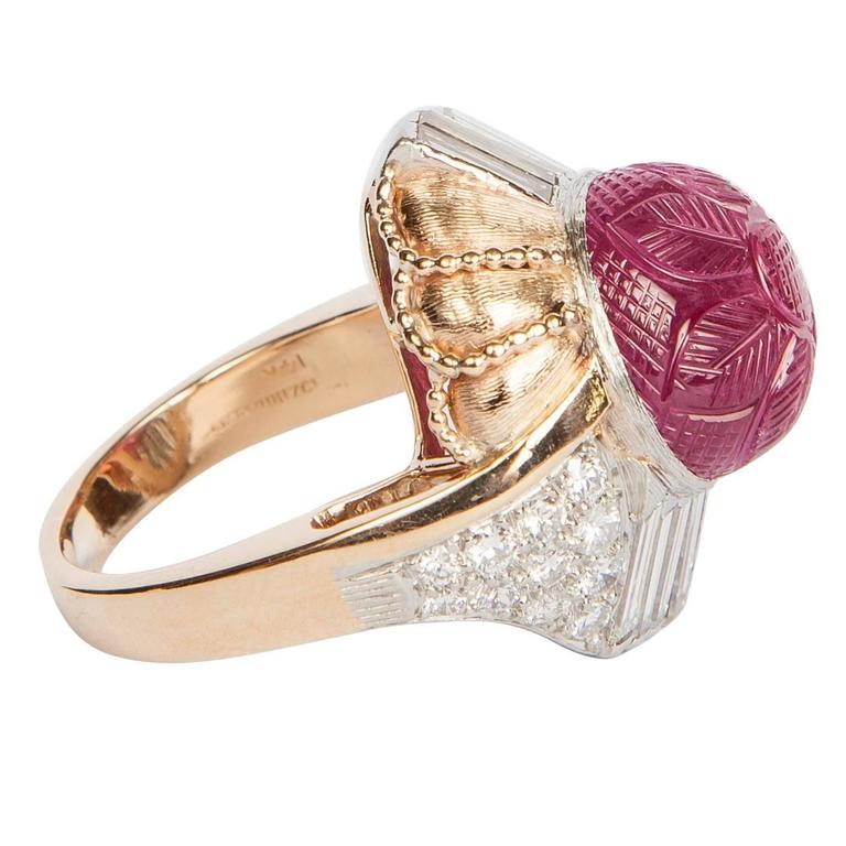 1950s CJ Auger Carved Cabochon Ruby Diamond Gold Platinum Cocktail Ring ...