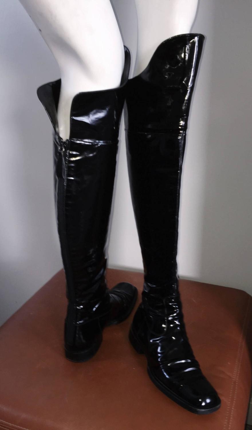 Coveted Chanel Black Patent Leather Over The Knee Riding Flat Boots ...