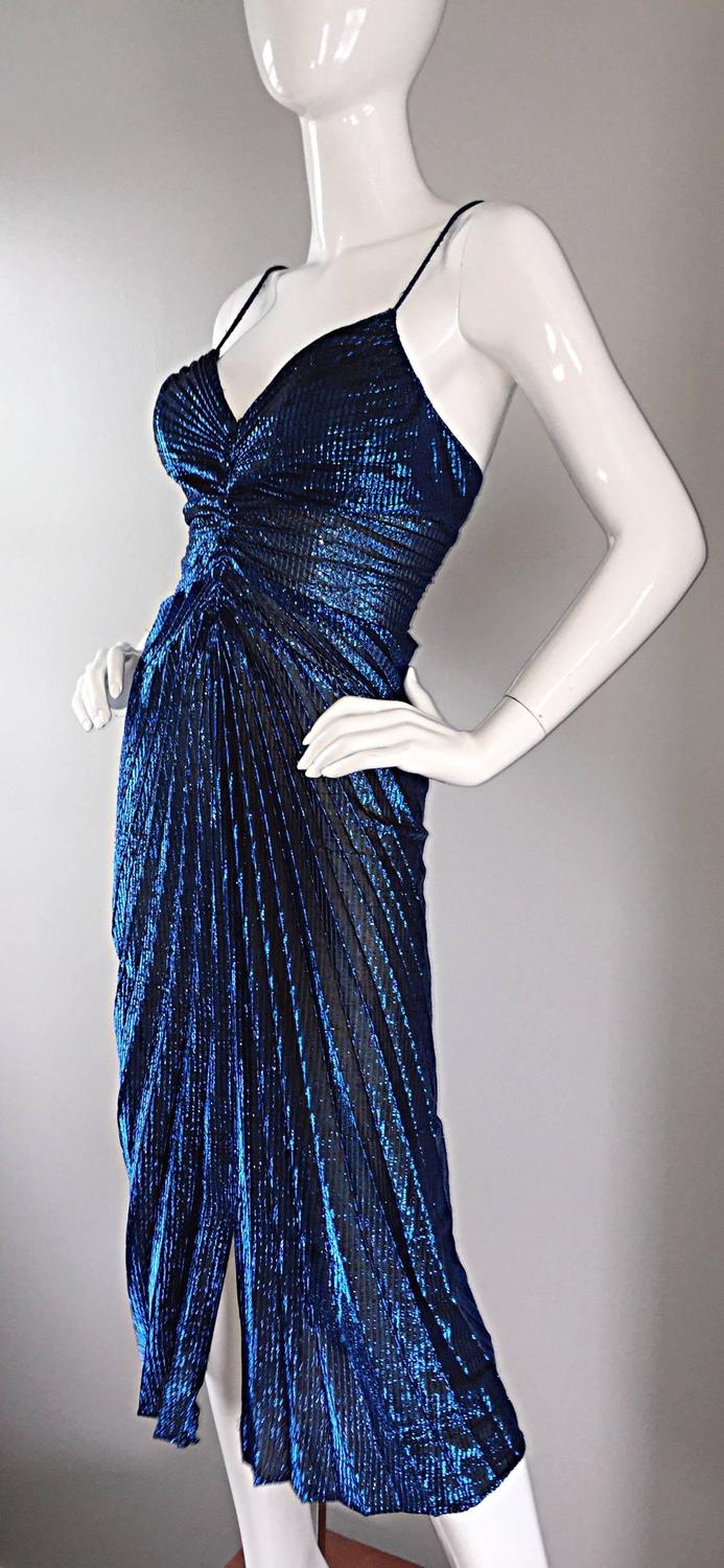 Vintage New Leaf Samir 1970s 70s Sexy Blue Metallic Pleated Disco Dress ...