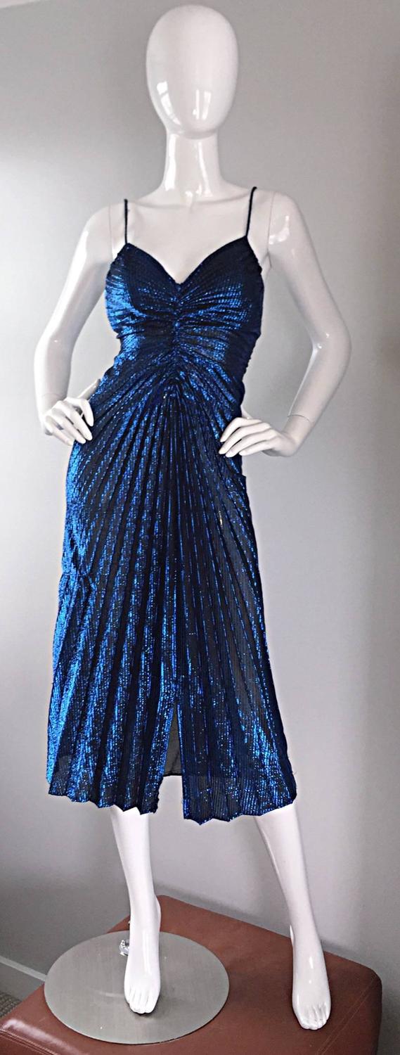 Vintage New Leaf Samir 1970s 70s Sexy Blue Metallic Pleated Disco Dress ...
