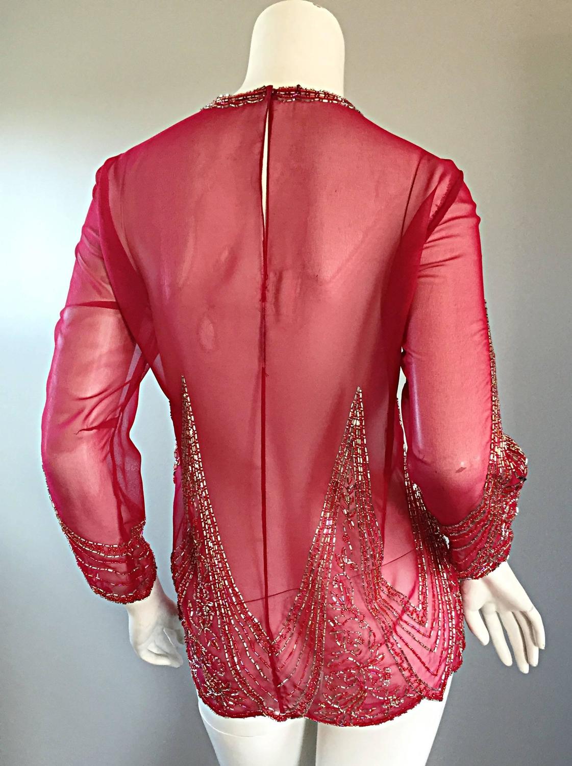 Beautiful Vintage Raspberry Pink Silk Chiffon Semi - Sheer Beaded Tunic ...