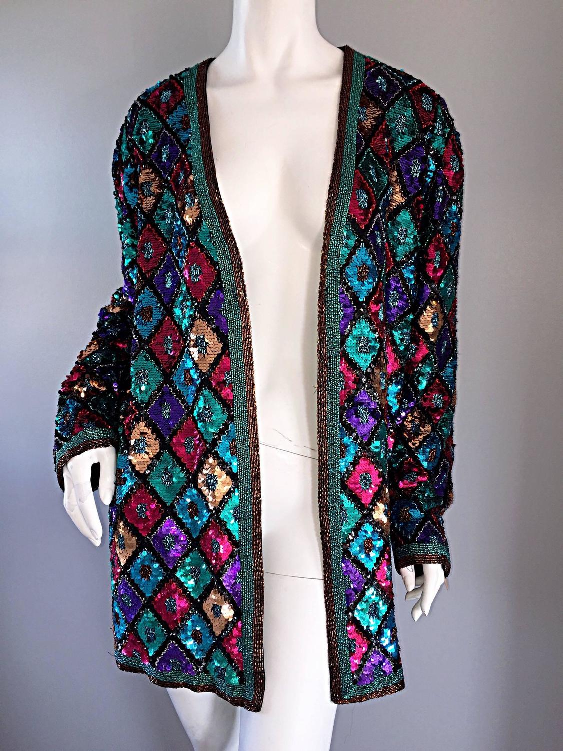 Vintage Oleg Cassini Sequined and Beaded Colorful Slouchy ' Stained ...