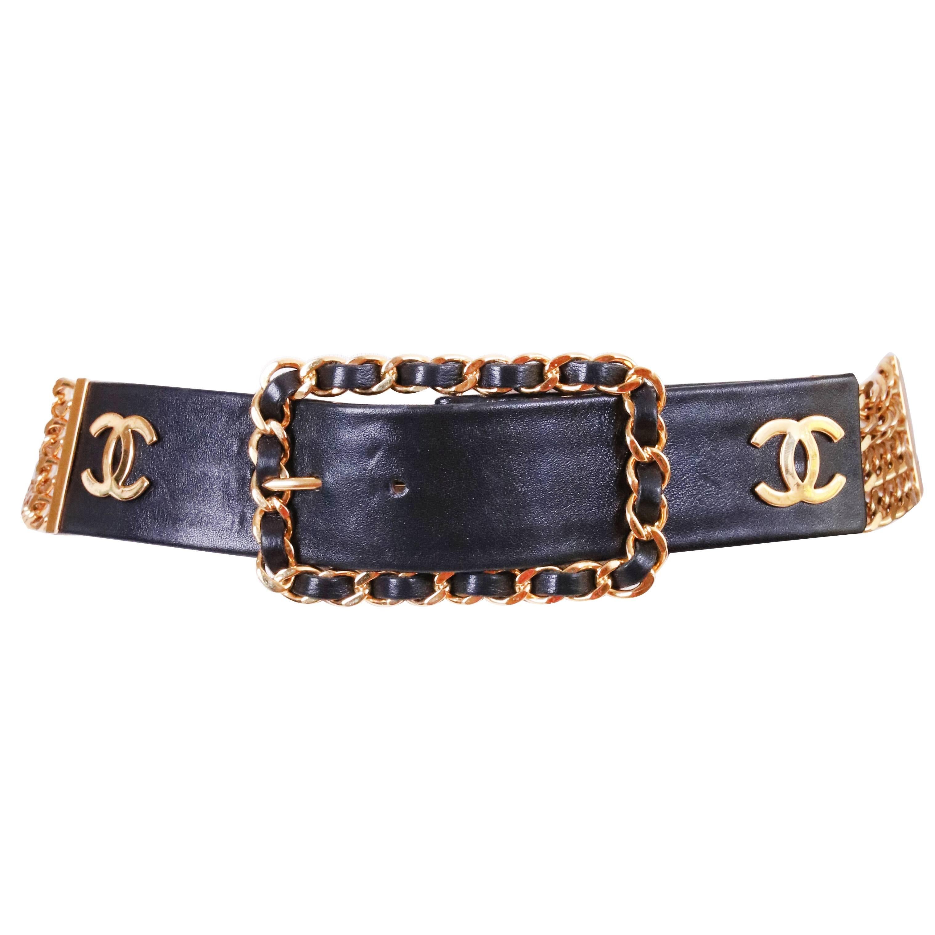 Chanel Black Leather and Stacked Chain CC Logo Belt w/Chain and Leather ...