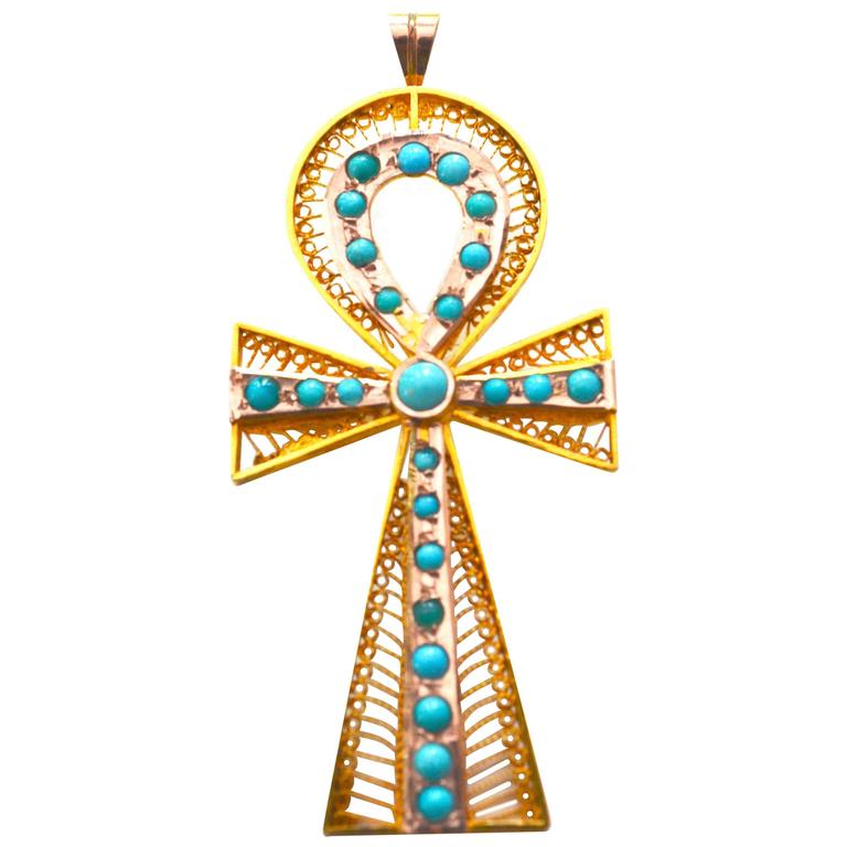 1920s 18K gold turquoise Ankh Brooch /Pendant For Sale at 1stDibs