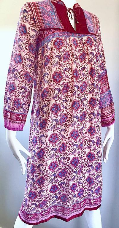 Chic 1970s Pink Purple Paisley and Flowers Ethnic Boho Hippie Vintage ...