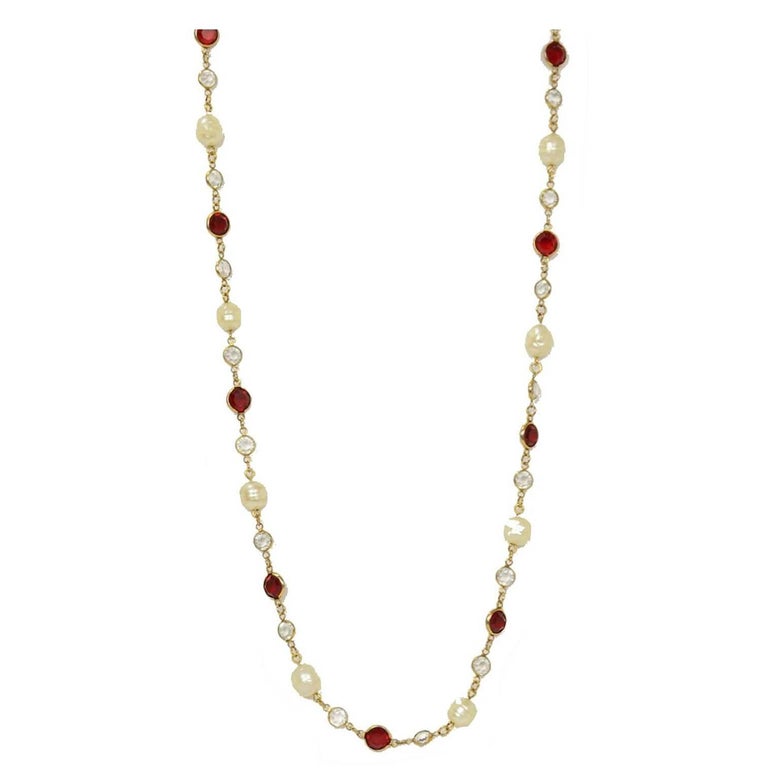 Chanel Vintage 1981 Red Strass Crystal and Faux Pearl 36" Sautoir ...