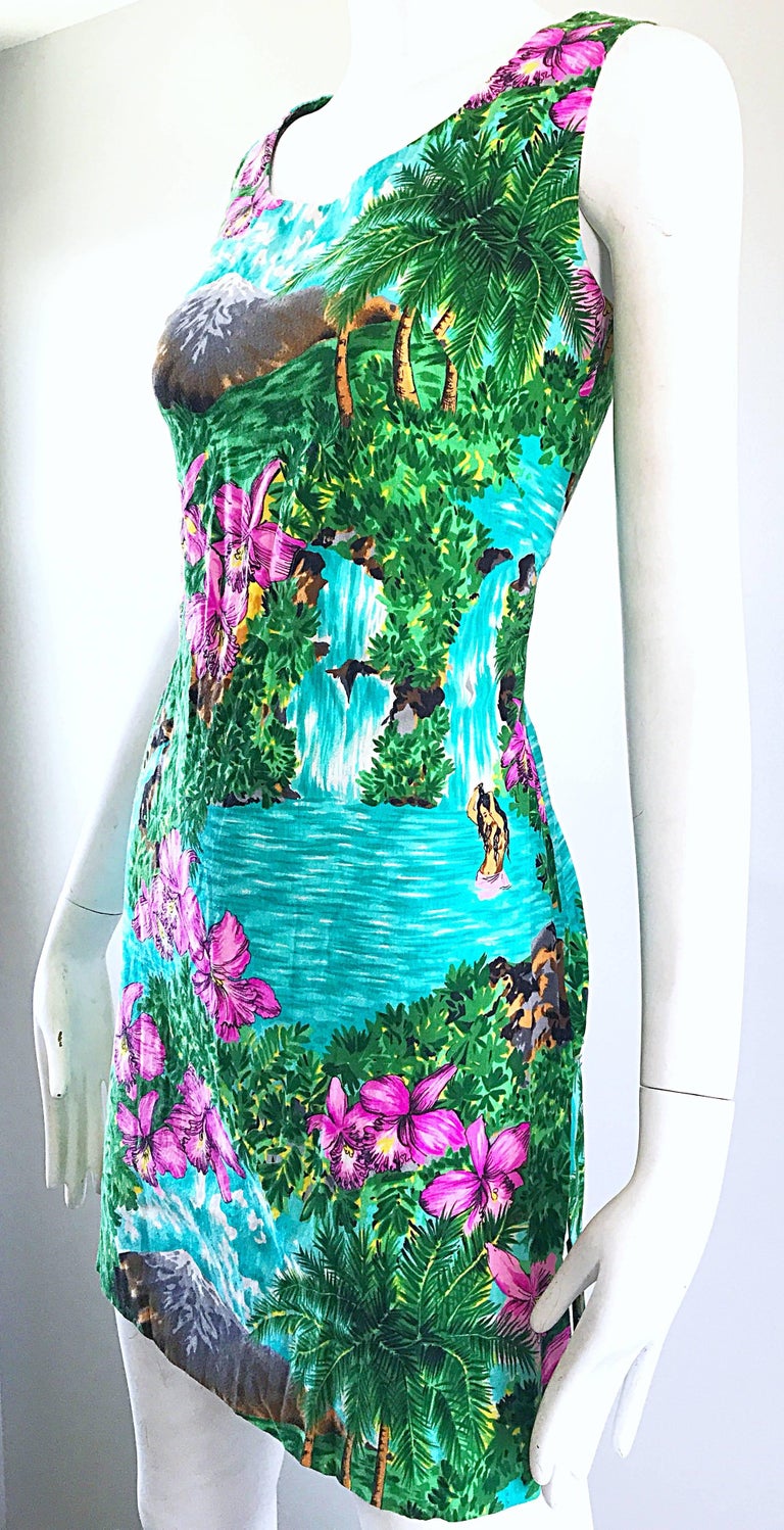 Rare 1960s Novelty Print Dancing Hula Girls Hawaiian Print Mini Shift ...