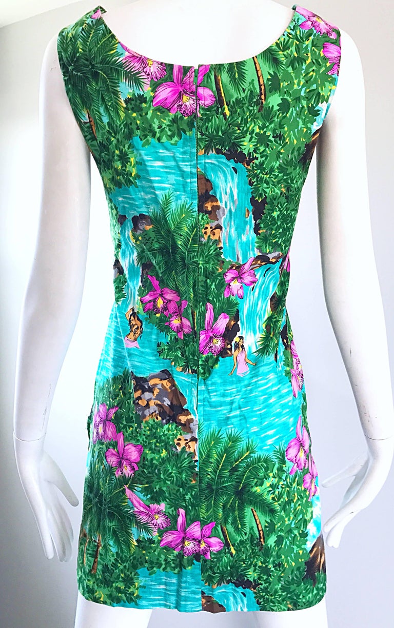 Rare 1960s Novelty Print Dancing Hula Girls Hawaiian Print Mini Shift ...