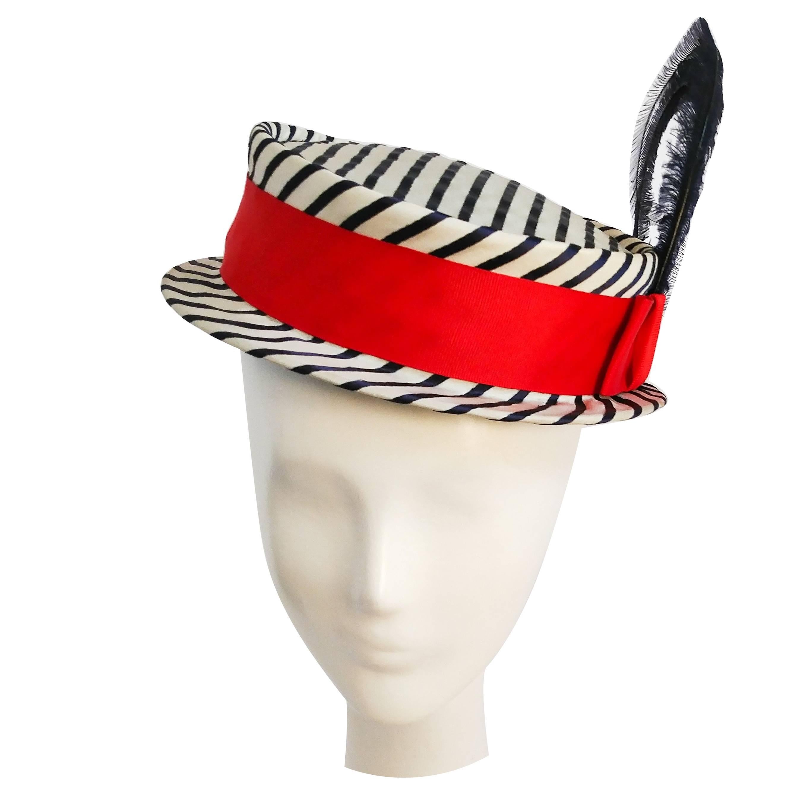 1940s Black and White Striped Red Band Feather Hat at 1stDibs