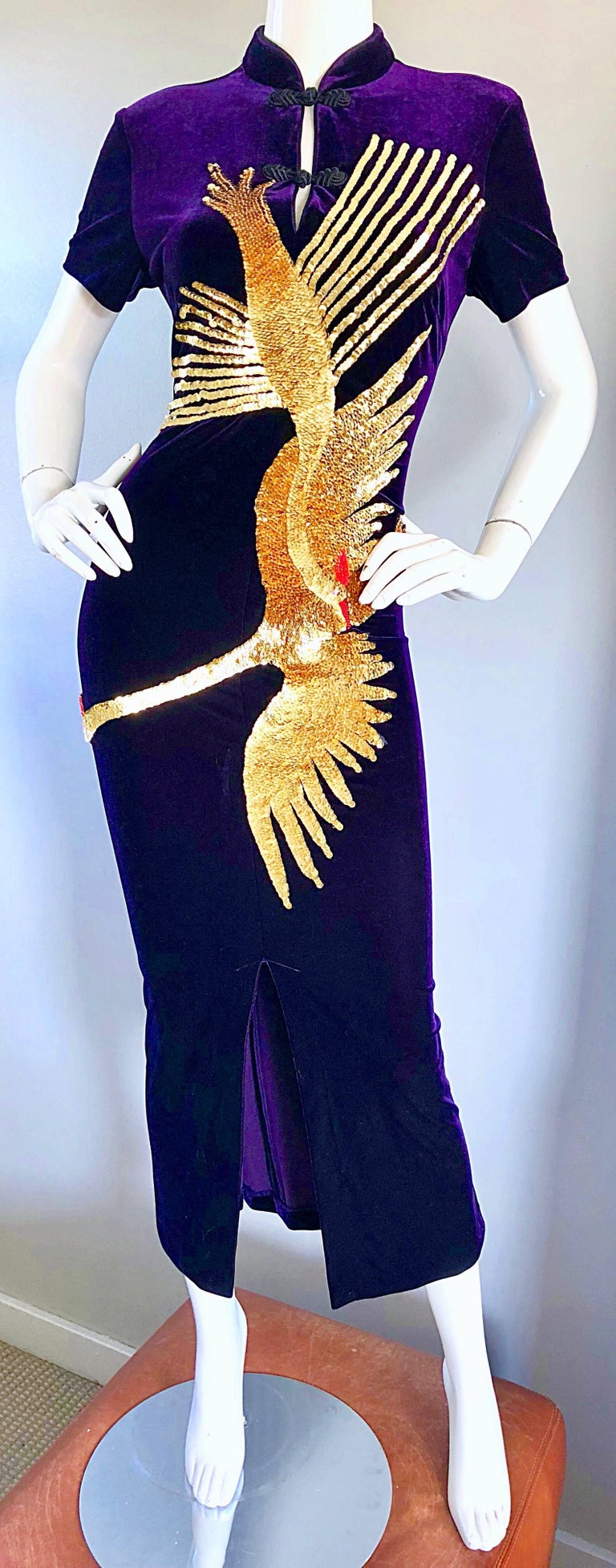 Amazing Vintage Purple Velvet Gold Sequin Rooster Asian Bodycon ...