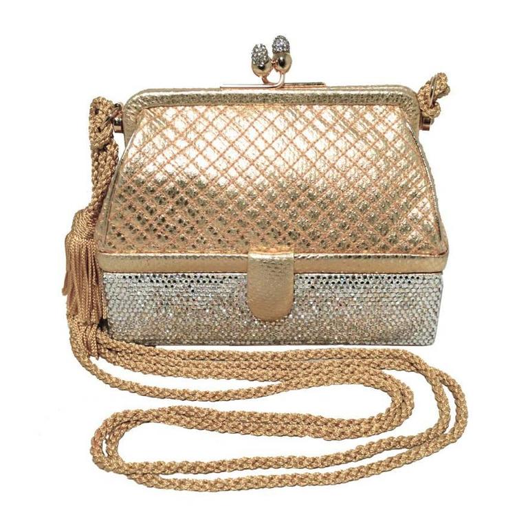 Judith Leiber Gold Leather and Swarovski Crystal Two-tier Evening bag ...