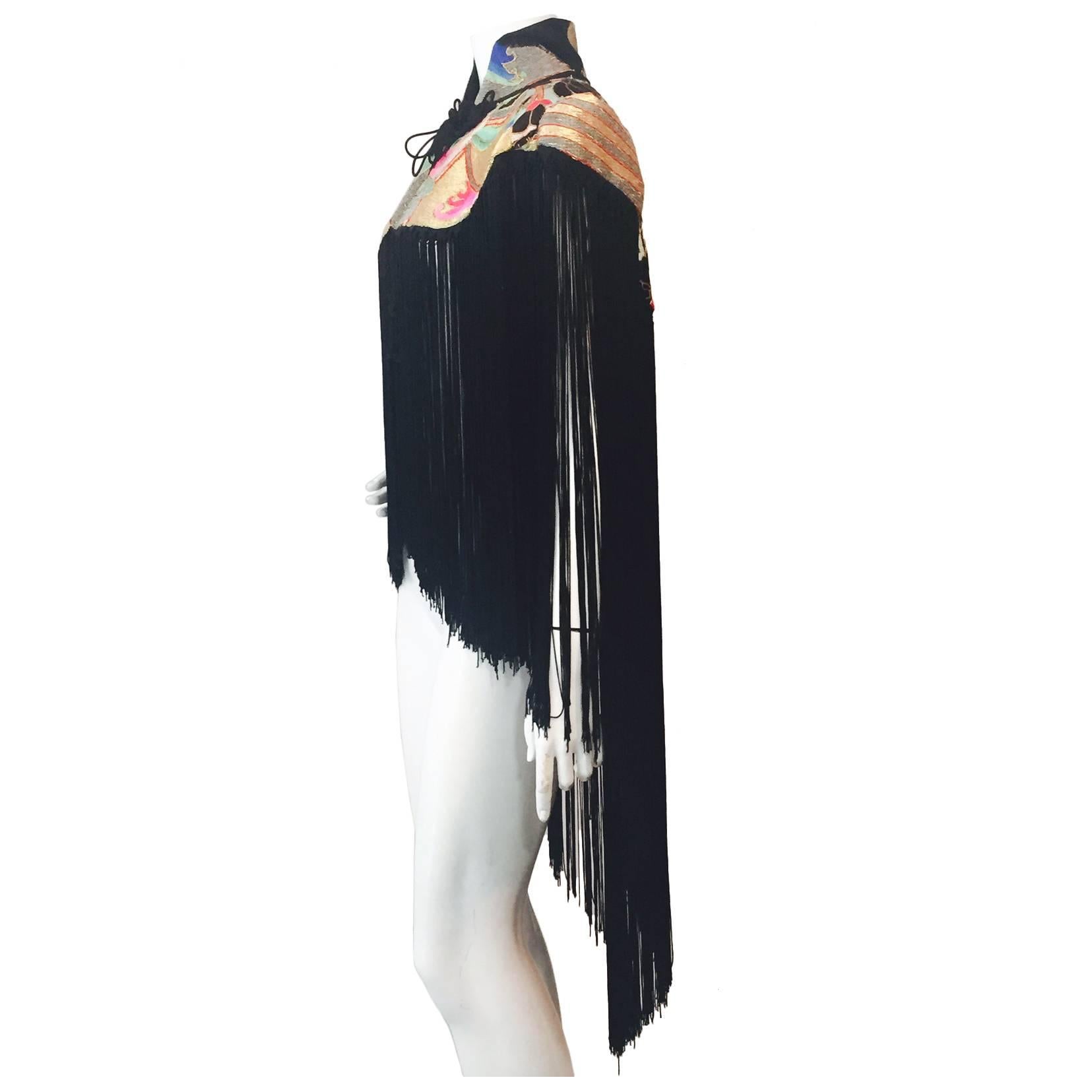 Antique Chinese Embroidered Caplet with Long Rayon Fringe at 1stDibs