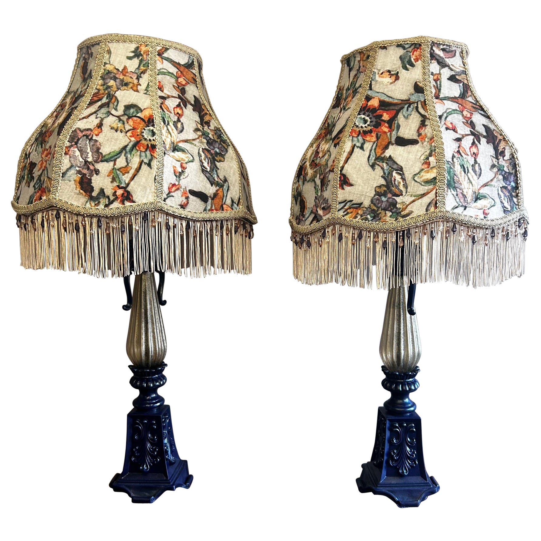 Vintage Scalloped Dome Table Lamp Pair in Botanical and Blue Motif For ...