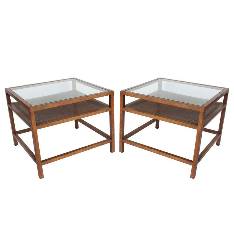 Pair of Square End Tables with Cane Shelf at 1stDibs