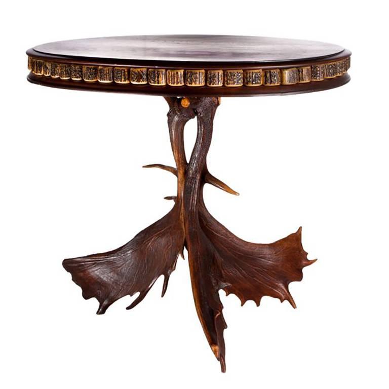 English Oak Table with Antique Habsburg Fallow Deer Antler Base at 1stDibs