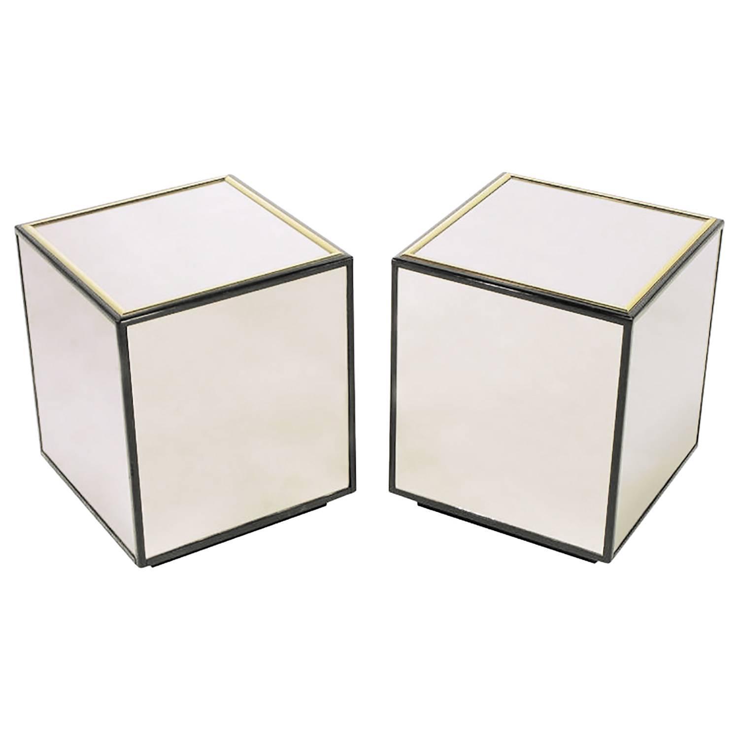 Pair of Henredon Black Lacquer and Brass Mirrored Cube Tables For Sale ...