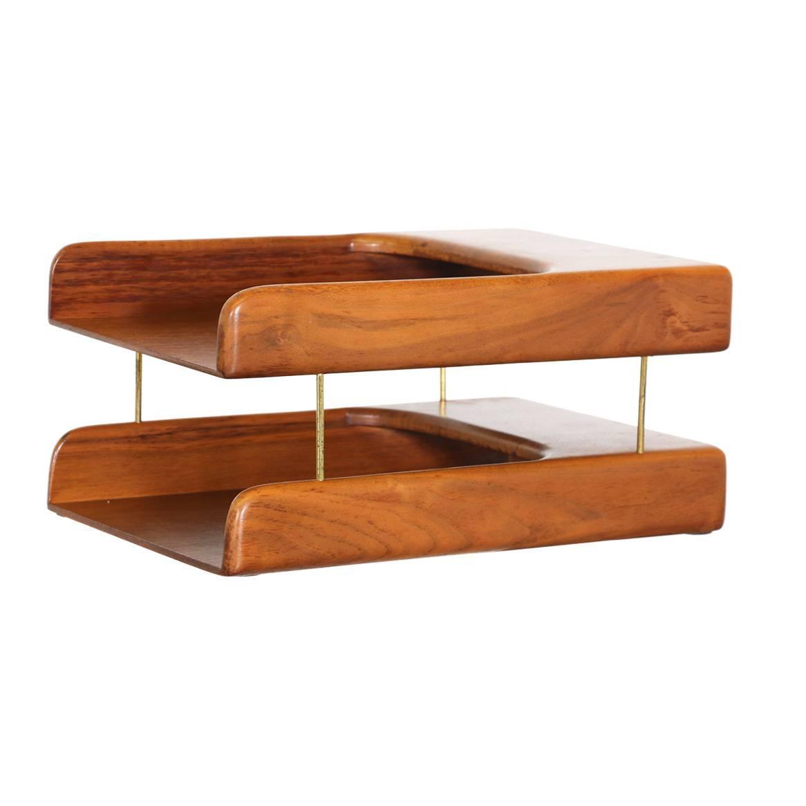 Midcentury Walnut and Brass Paper Tray Holder at 1stdibs