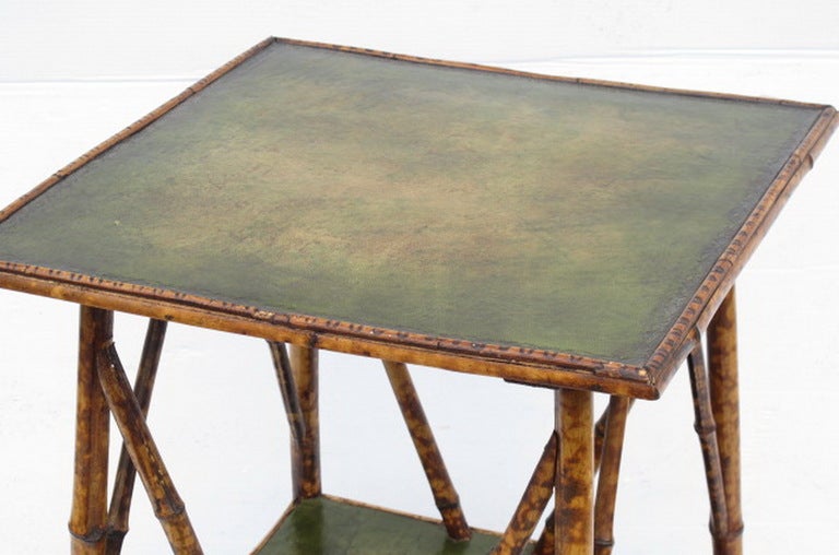 Bamboo Side Table with Green Leather at 1stDibs