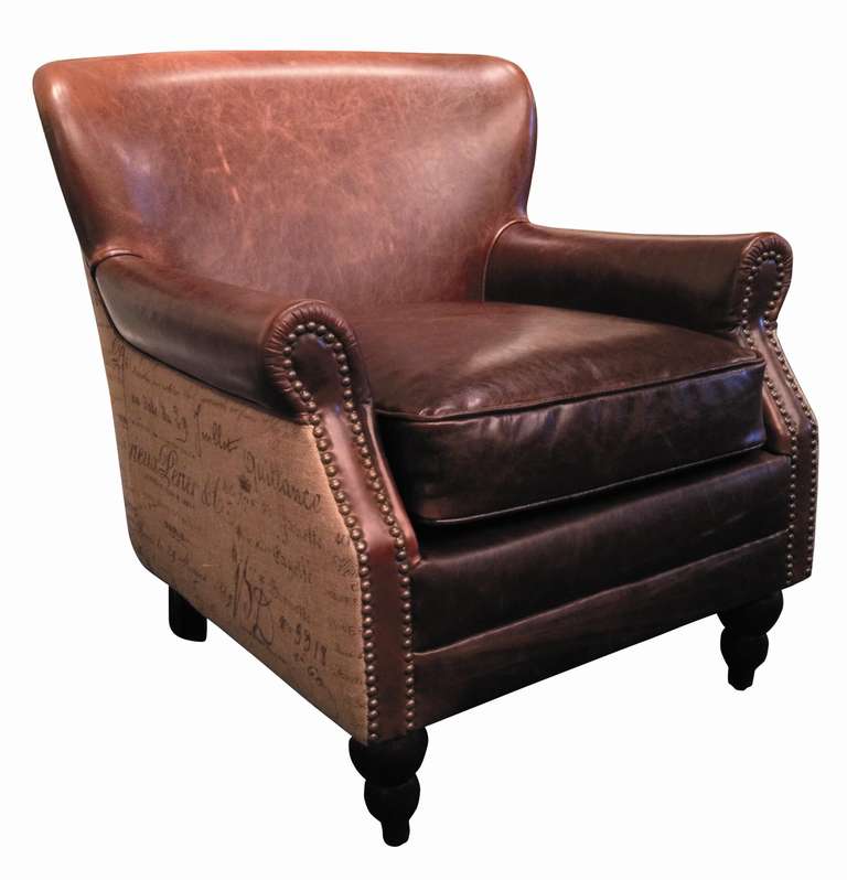 Script on Burlap Leather Chair For Sale at 1stDibs
