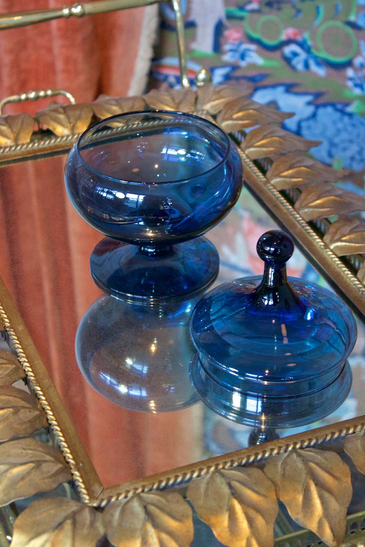 American 1960s Blue Glass Compote with Lid at 1stDibs