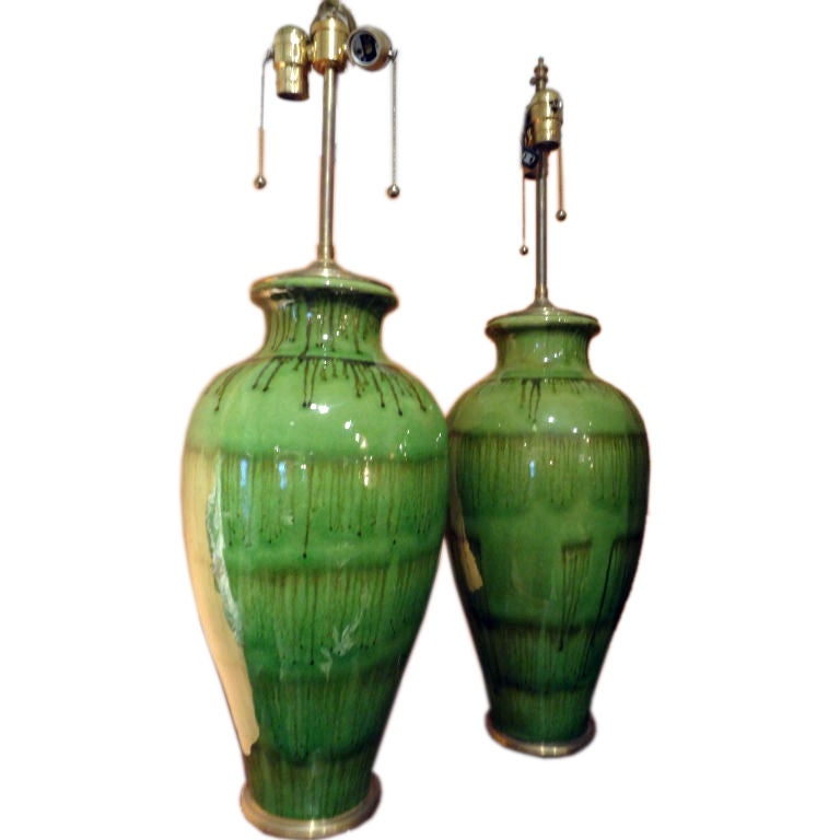 Pair of hand painted/glazed Ceramic vases with lamp application at 1stDibs