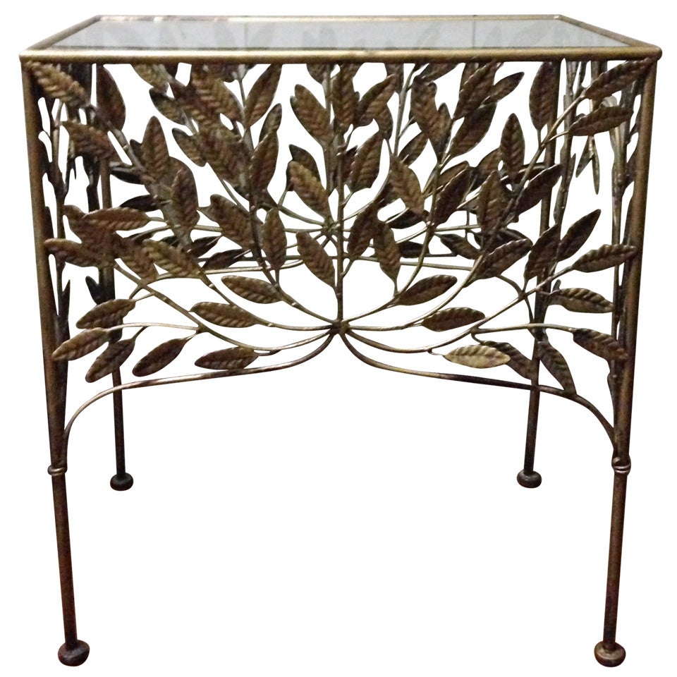 Sweet and Petite Glass Topped, Botanical Gilded Tole Side Table at 1stDibs
