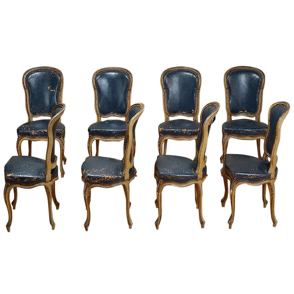 Vintage French Set of Eight Navy Leather Dining Chairs at 1stDibs