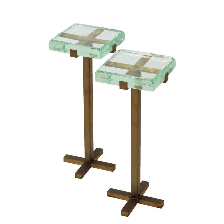 Pair of Occasional Tables with Bronze Bases and Thick Glass Tops at 1stDibs