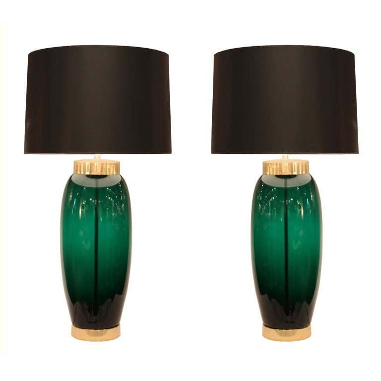 Pair of Large Emerald Glass Table Lamps with Brass Accents at 1stDibs