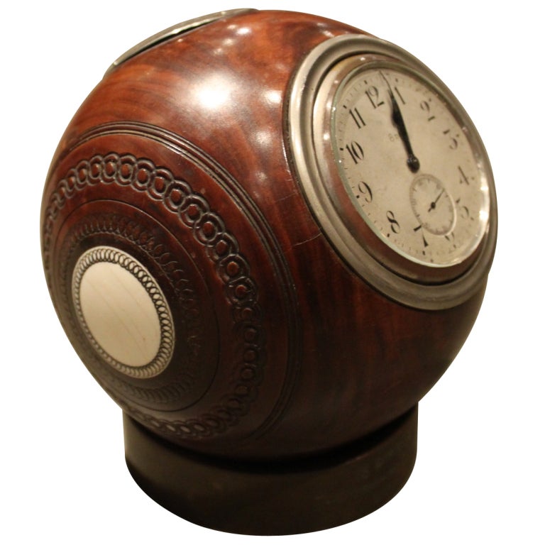 An Unusual Lignum wood and silver Trophy Lawn Ball Form Ball 8 day ...