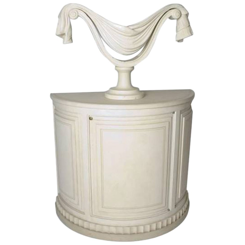 Whimsical Carved Wood Swag and Albert Hadley Demilune Cabinet at 1stDibs
