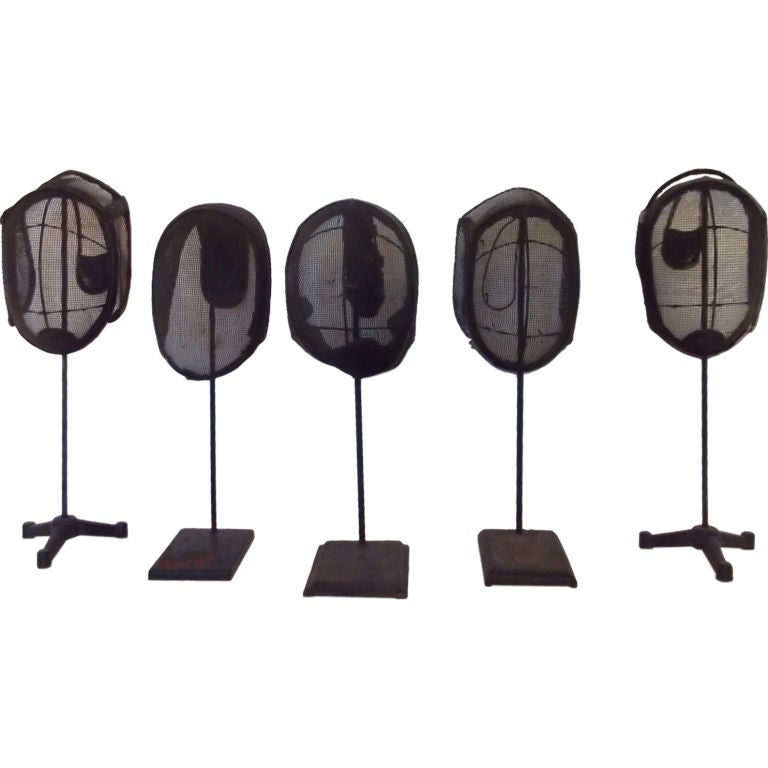 Set of 5 Vintage Fencing Masks on Metal Stands at 1stDibs