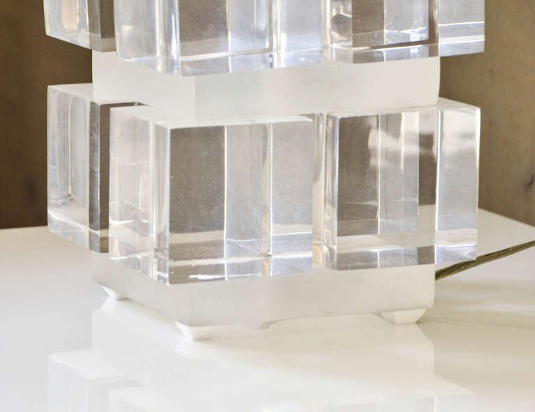 Fabulous Pair of Lucite Stack Lamps with Silvered Metal Shades at 1stDibs